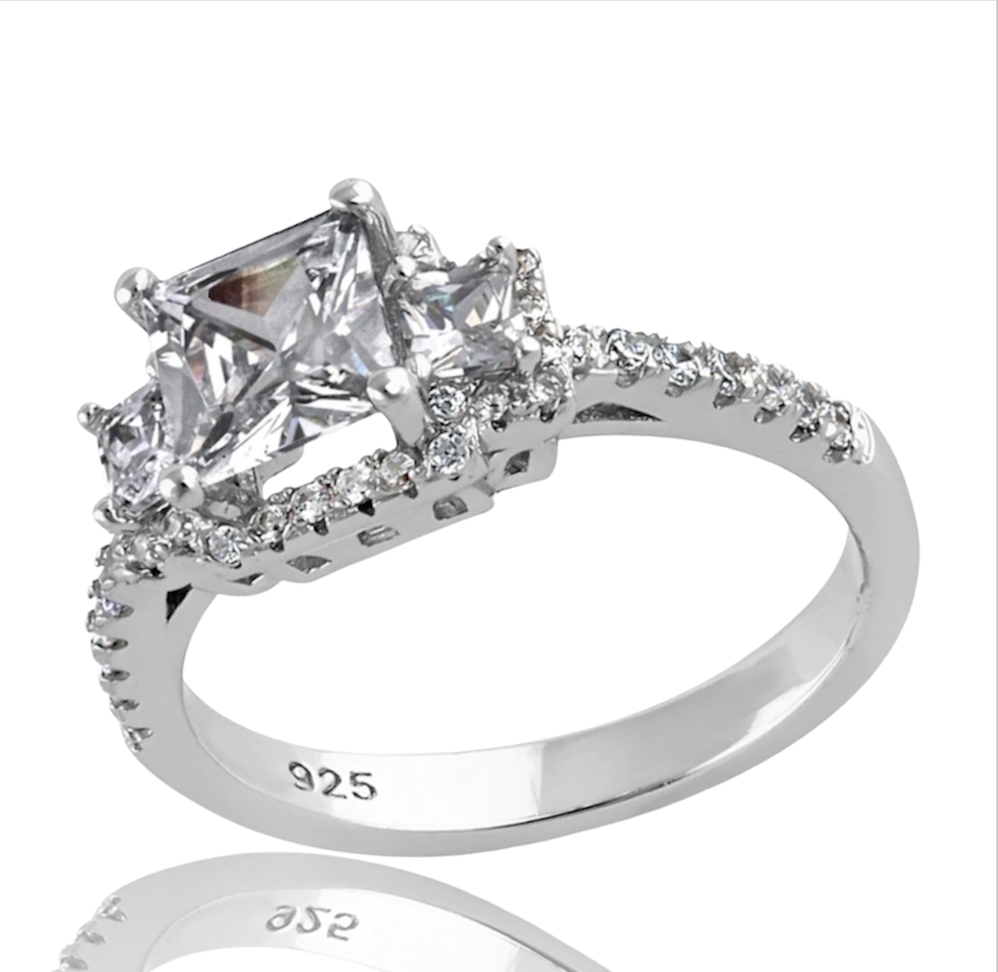Sterling Silver Triple Princess Cut Clear CZ Engagement Ring – Pink Ice ...